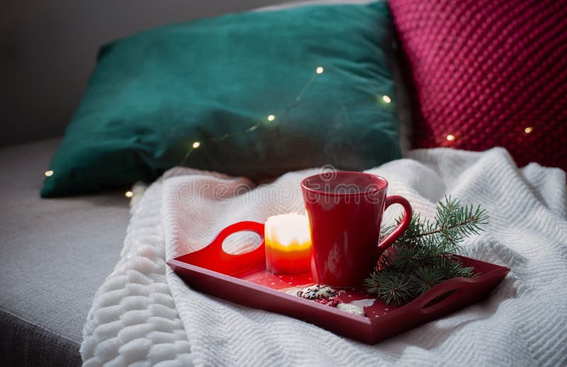 Red Cup Tea Wooden Tray Fir Branches Sofa Stock Photos - Free & Royalty ...