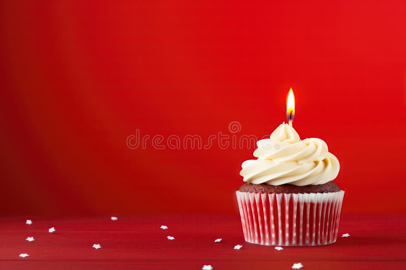 Red Cupcake with Lighted Candle on Red Background, Empty Space ...