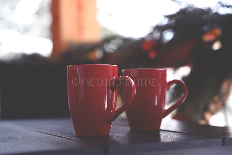 Red Cups on Wooden Table. Winter Vacation Stock Image - Image of ...