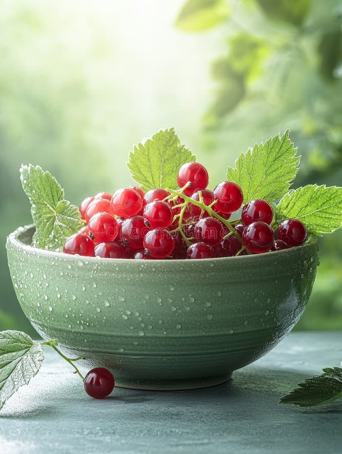 Red Currants in a Bowl with Leaves in Natural Light. Stock Image ...