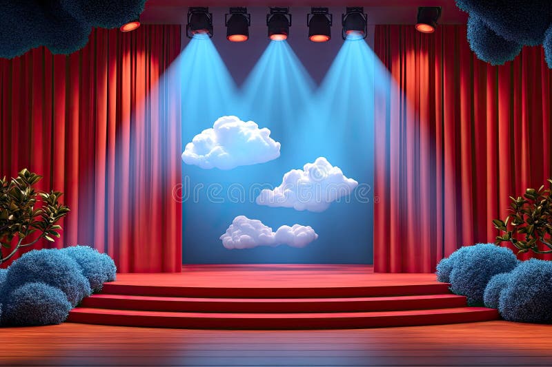 Dreamy Stage with Clouds and Red Curtains Stock Illustration ...