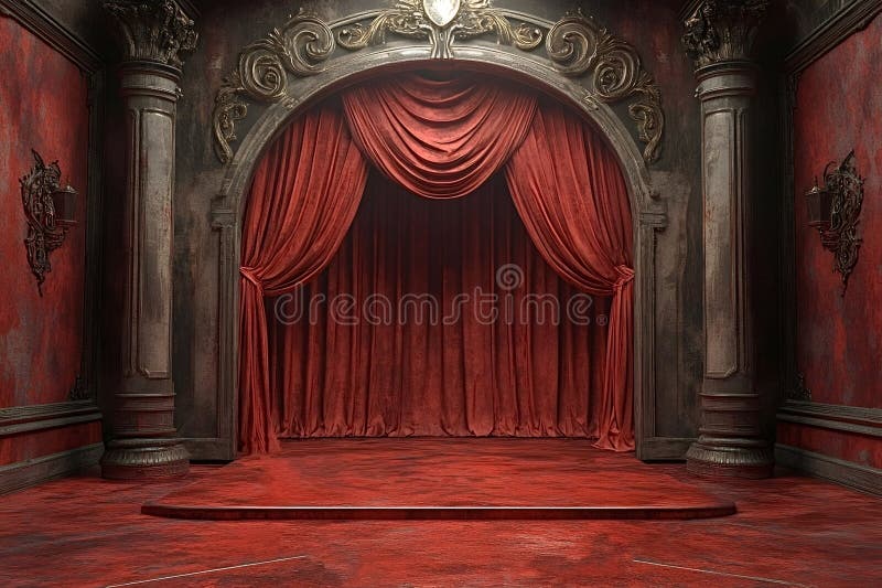 Red Curtains Covering Stage in Old Theater with Columns and Red Carpet ...