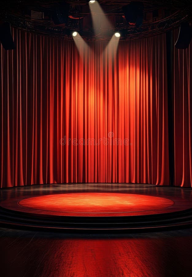 Red Curtains Frame a Dramatic Theater Stage, Lit by Spotlights, and ...