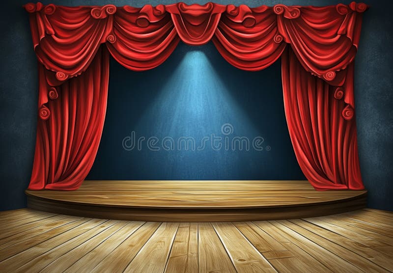 Red Curtains Frame the Stage, Where a Spotlight Awaits the Start of a ...