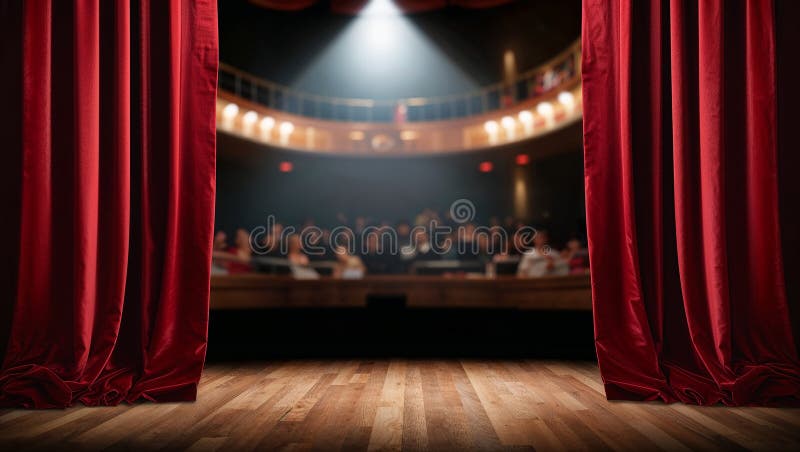 Red Curtains Opening on Theater Stage with Audience Watching a Show ...