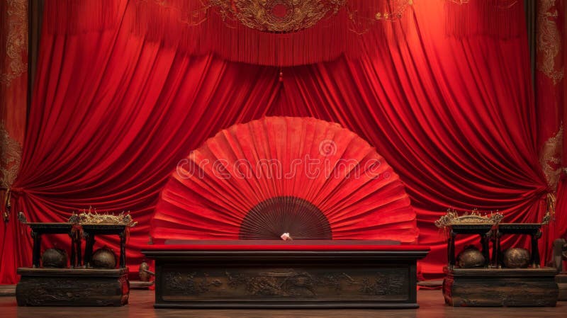 Red Curtains Stage Setting with Large Fan and Altars Stock Illustration ...