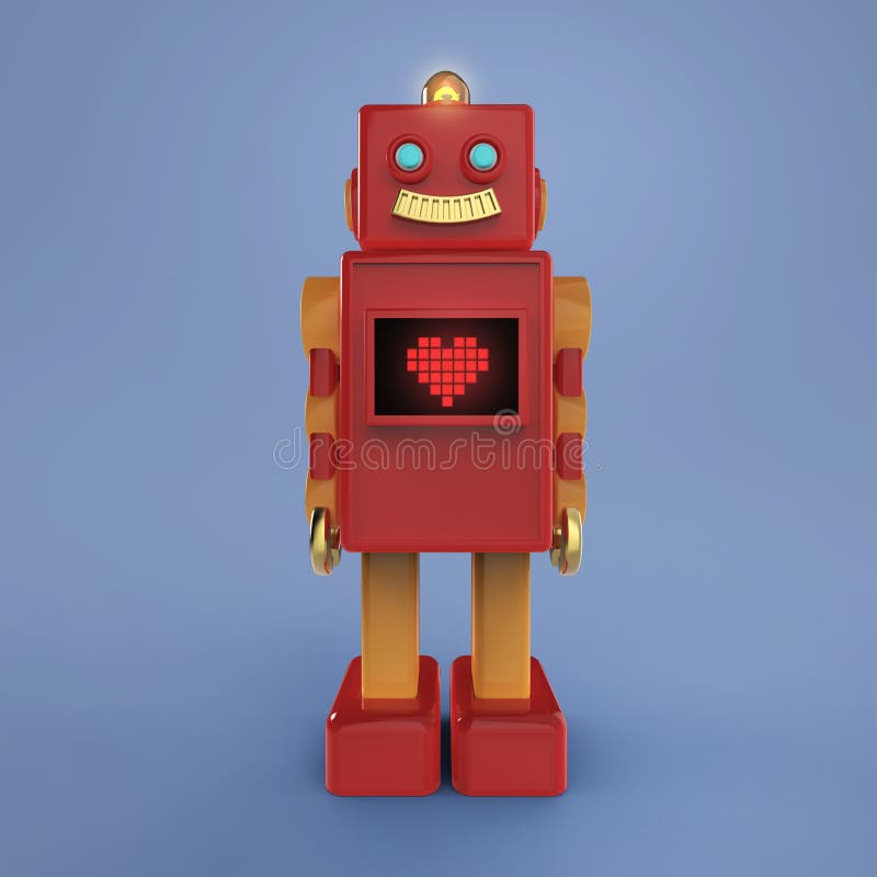 Red Cute Vintage Robot with Shiny Light Bub and Screen Pixel Heart Icon ...
