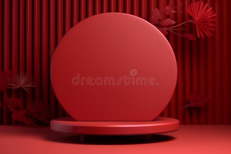 Red Cylindrical Platform with Circle Backdrop & Tropical Leaves Stock ...