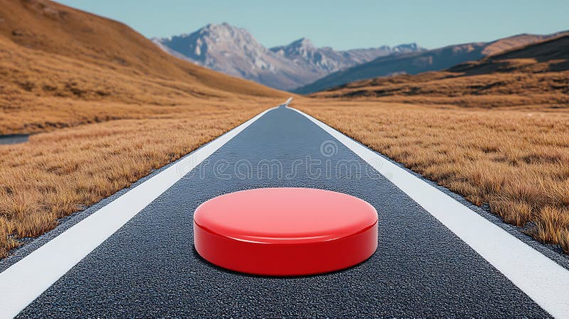 Red Cylindrical Platform on a Scenic Highway with Distant Mountains ...