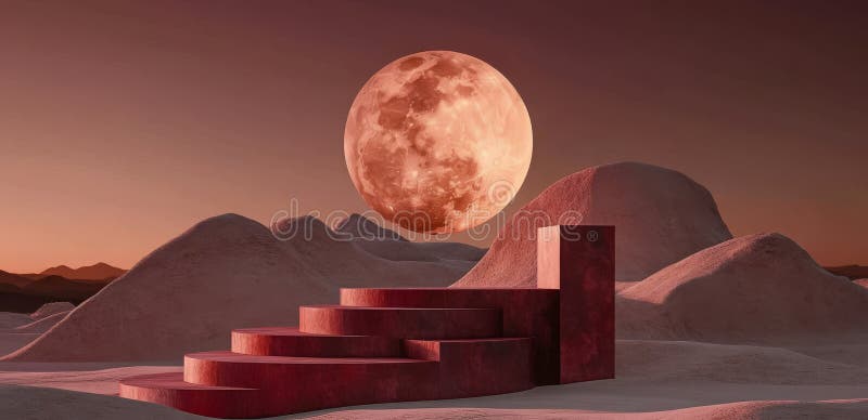 A Red Cylindrical Platform is Set Against a Backdrop of Red and White ...