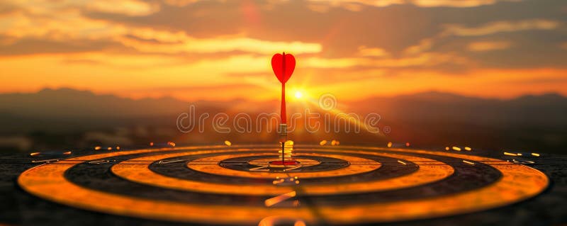 Red Dart Hitting Bullseye on Dartboard at Sunset, Concept of Precision ... Red Dart Hitting Bullseye on Dartboard at Sunset, Concept of Precision ...