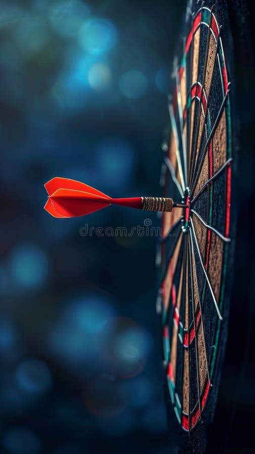 Red Dart Perfectly Hits Bullseye in the Center of the Board Stock Photo ...
