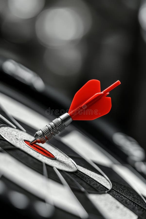 Red Dart Striking the Bullseye on a Dartboard in a Game Setting Stock ...