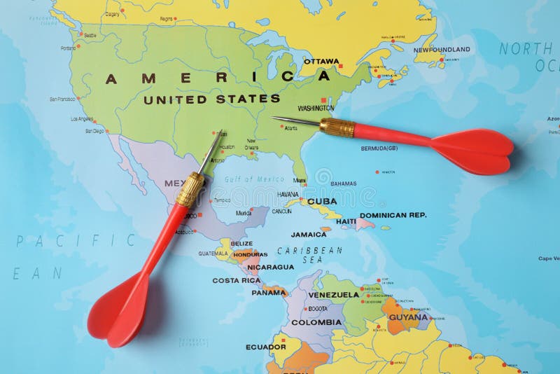 Red Darts Near USA on World Map Stock Image - Image of adventure ...