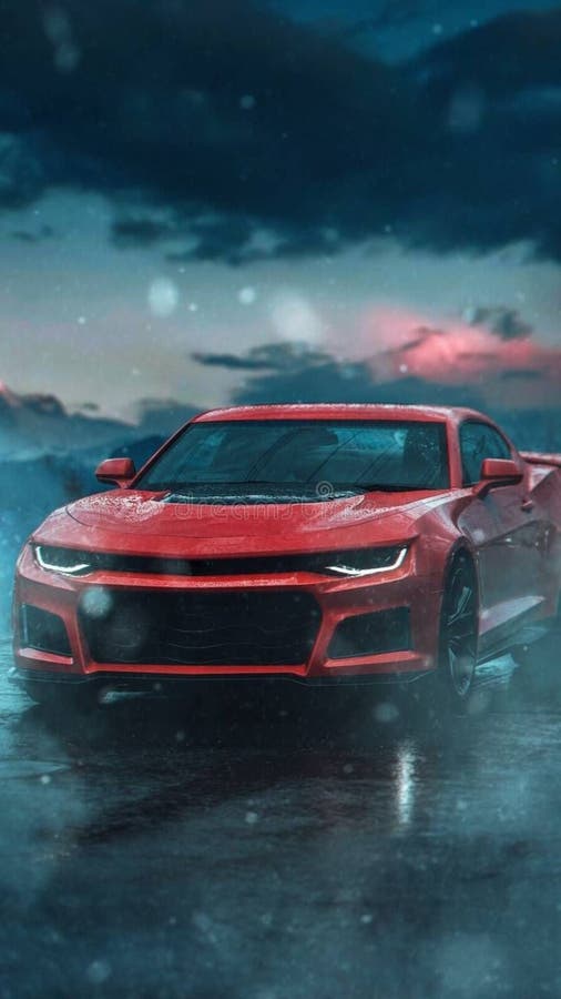 Red Dashing Car on the Road in the Rainy Day Stock Illustration ...