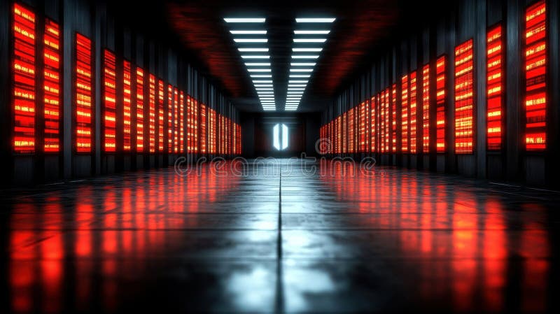 Red Data Center Corridor stock image. Image of data - 366469297