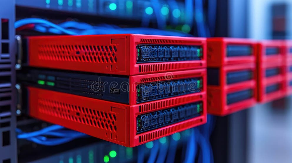 Red Data Storage Devices in a Modern Server Rack with Illuminated ...