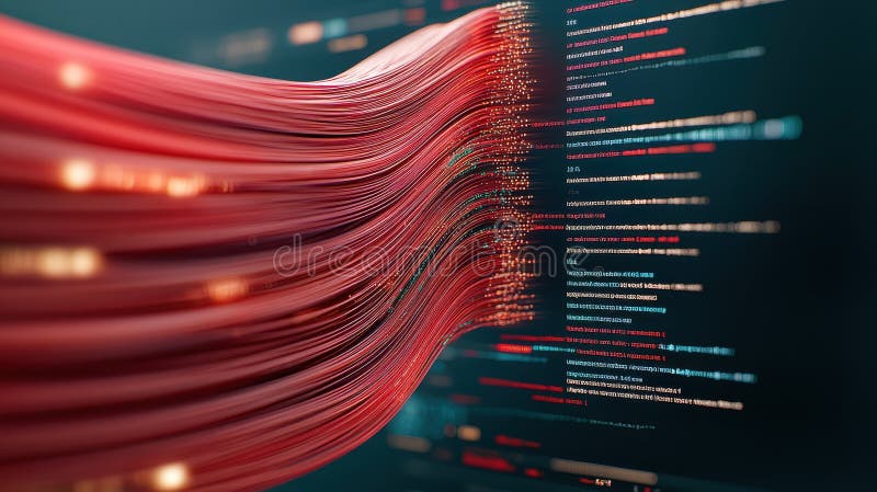Red Data Streams Flowing into Digital Code Lines on Dark Background ...