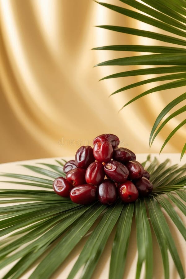 Red Dates on Palm Leaves with a Golden Background. Stock Image - Image ...