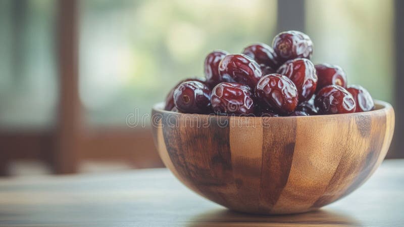 Red Dates in Wooden Bowl on Wooden Table Stock Illustration ...