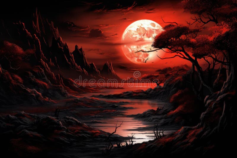 Full Moon Red Sky Dead Tree Silhouette Fantasy Horror Scary Stock ...