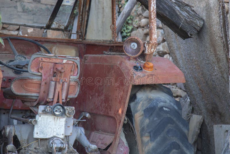 Red decay old tractor stock photo. Image of tire, vehicle - 230533202