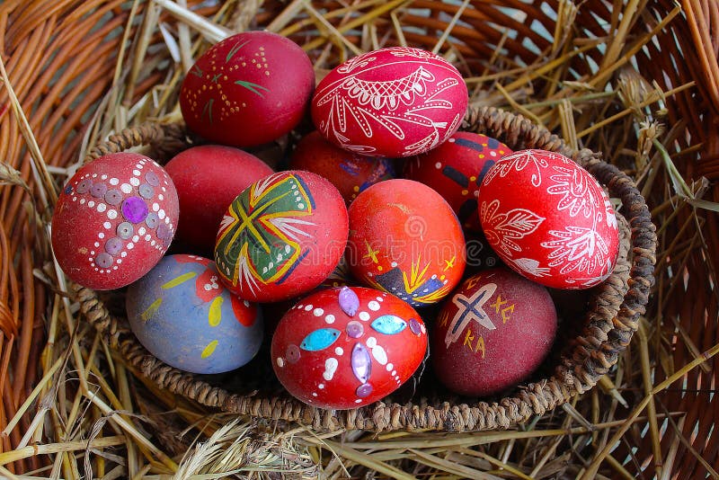 Red decorated Easter eggs stock image. Image of nest - 138819465