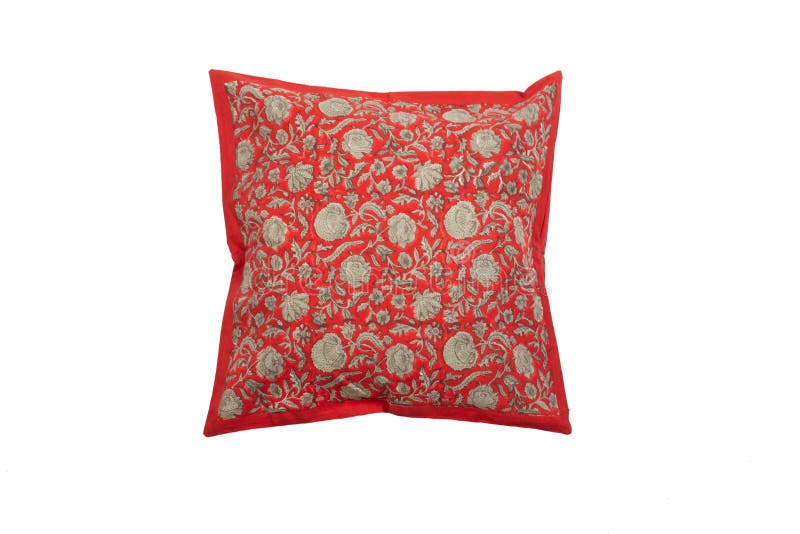 Red Decorative Pillow with Floral Pattern Isolated on White Background ...