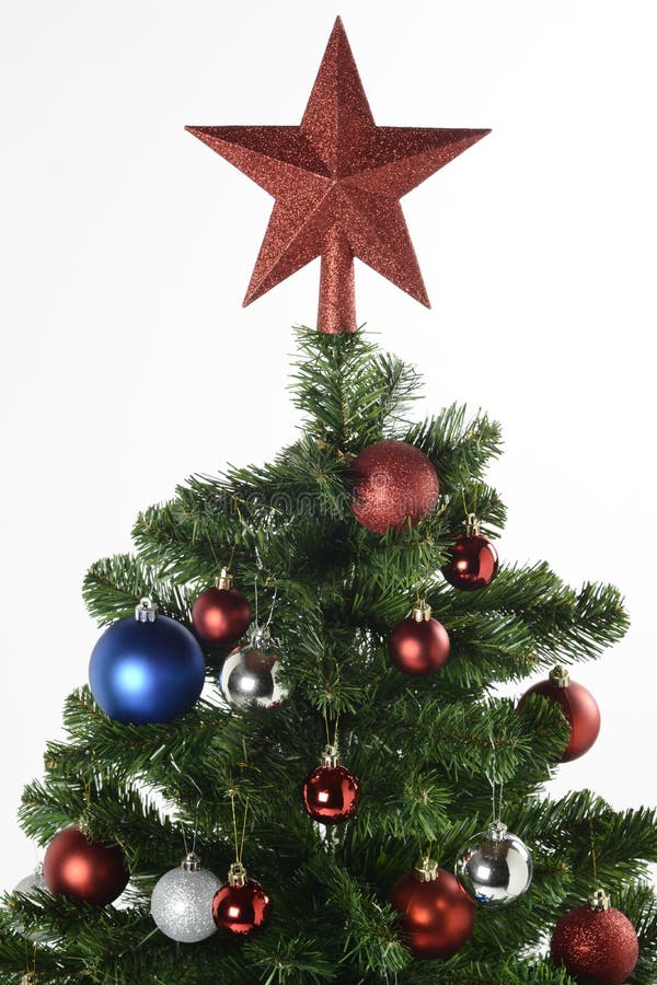 Red Decorative Star on the Christmas Tree Stock Image - Image of party ...