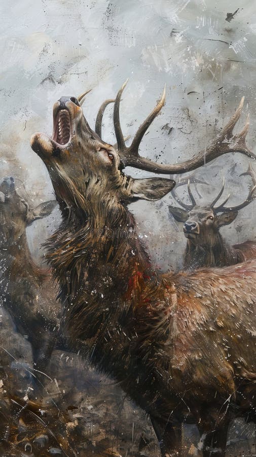 Red Deer Bellowing among Does Stock Illustration - Illustration of ...