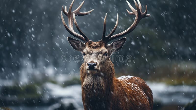 Red Deer in Falling Snow in Winter Forest Stock Illustration ...