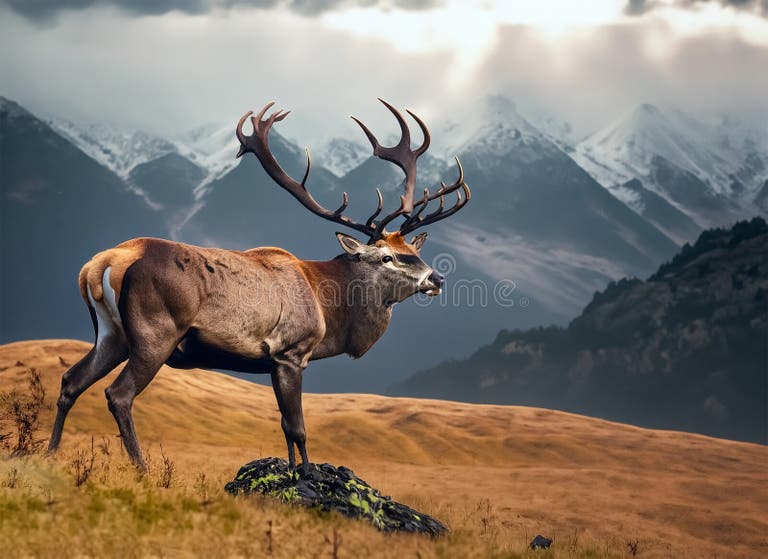 Red Deer Stag in Dramatic Mountain Landscape. Generative AI Stock ...