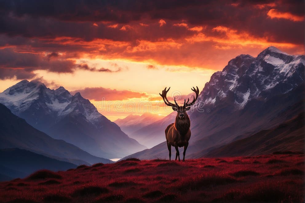 Red Deer Stag in Dramatic Mountain Landscape and Red Sky Stock ...