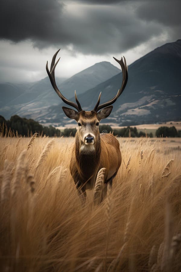 Red Deer Stag in the Field of Grass with Mountains in the Background ...