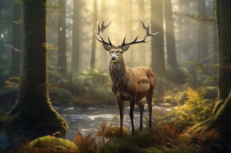 Red Deer Stag in the Misty Forest. Hyper Realistic Illustration Stock ...