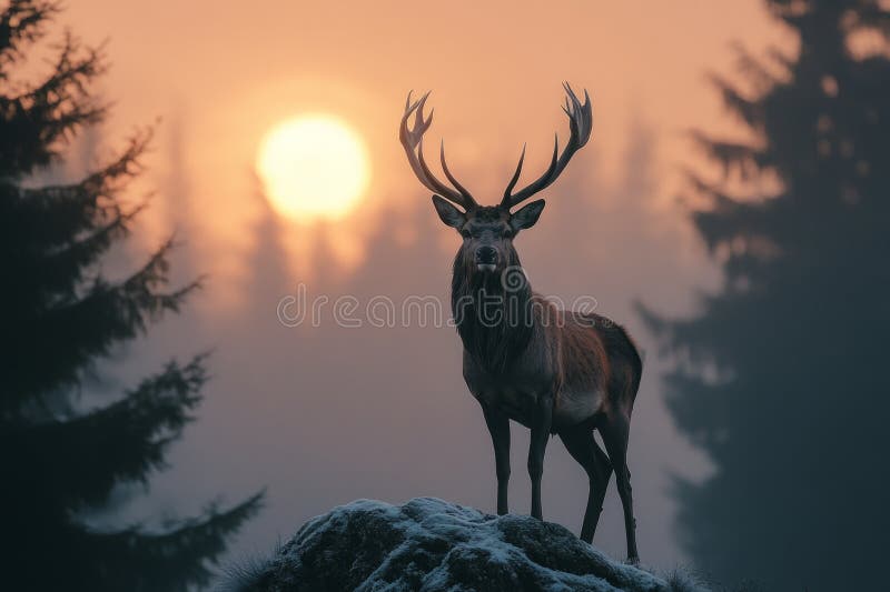 Red Deer Stag Standing on a Rock in a Misty Forest at Sunrise Stock ...