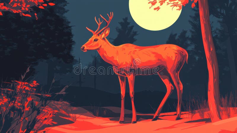 A Red Deer Stands in a Dark Forest Underneath the Moon Stock ...