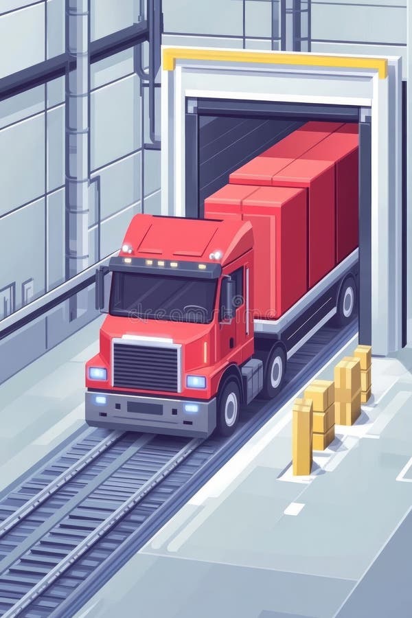 A Red Delivery Truck Backs into a Warehouse To Unload Cargo Boxes. the Interior is Spacious ...