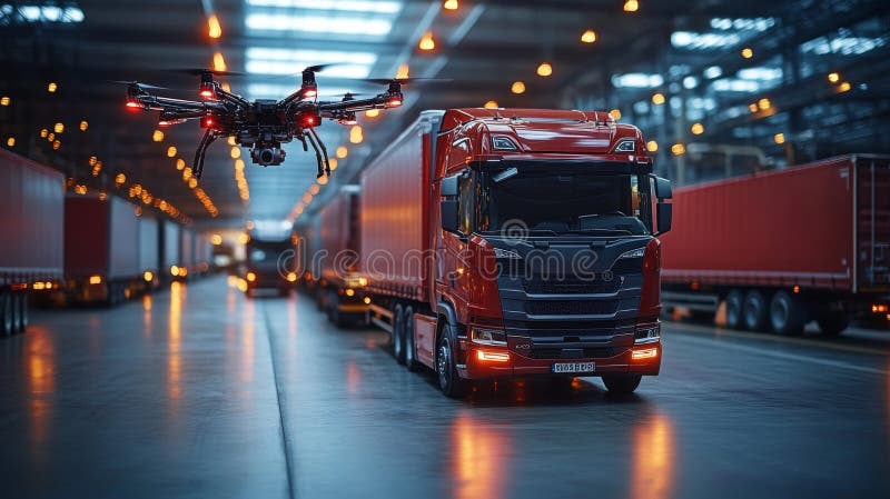 A Red Delivery Truck and Drone Operate in a Busy Warehouse, Showcasing ...