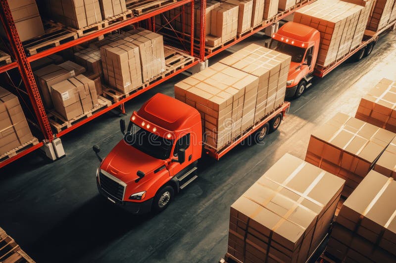 Red Delivery Trucks Transporting Packages in a Warehouse with Stacked ...