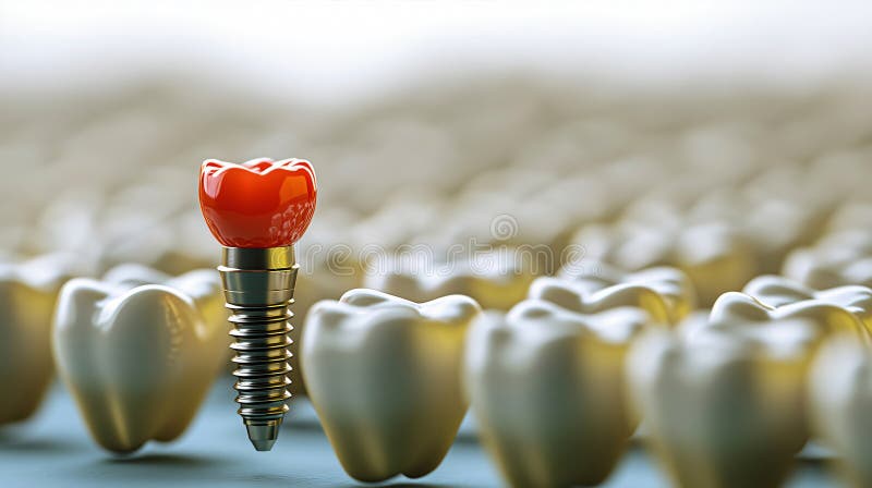 Red Dental Implant Standing Out from the Crowd of Teeth Stock ...