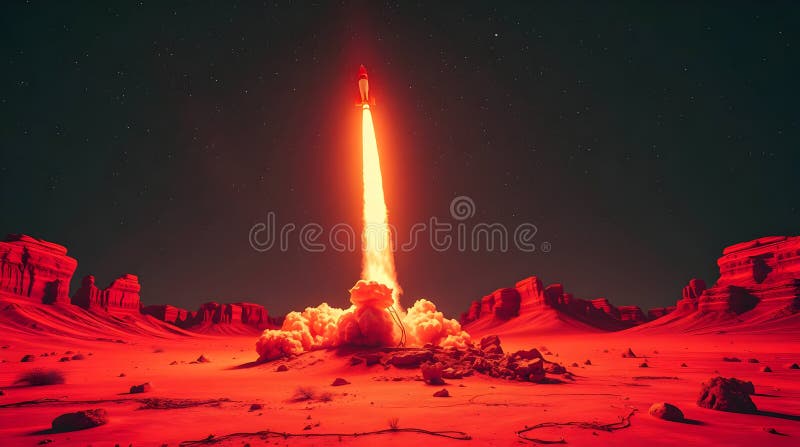 Red Desert Rocket Launch at Night - Dramatic Space Exploration Scene ...