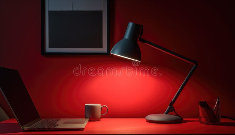 A Red Desk with a Laptop and a Lamp, AI Stock Illustration ...