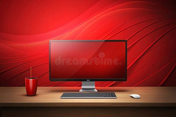 Red Desktop Computer Setup, Wooden Desk, Red Background, Modern ...