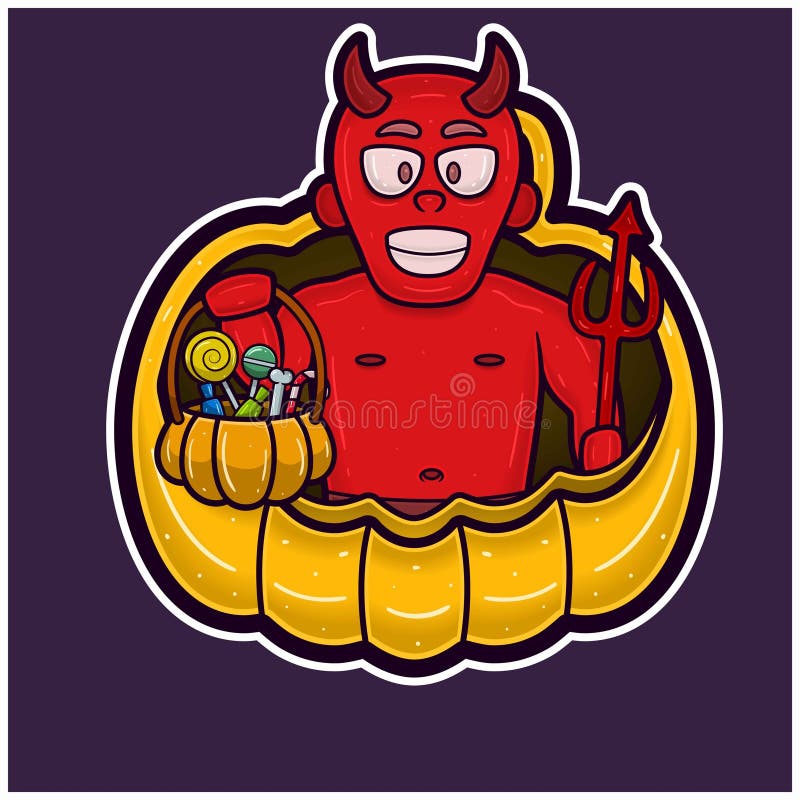 Red Devil on Big Pumpkin Cartoon. Halloween Sticker Logo Stock Vector ...