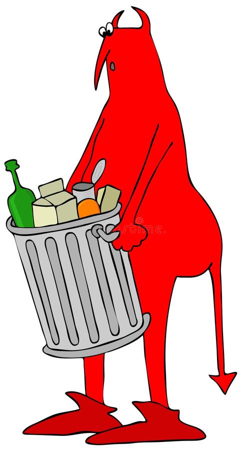 Red Devil Carrying a Garbage Can Stock Illustration - Illustration of ...