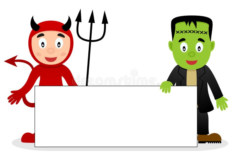Red Devil & Frankenstein with Blank Banner Stock Vector - Illustration ...