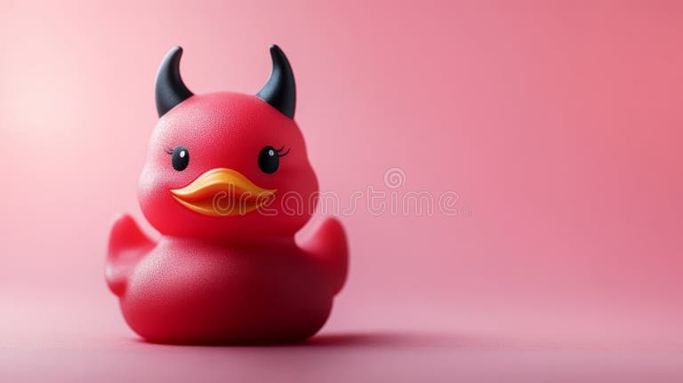 Red Devil Rubber Duck with Horns on a Pink Background. Stock Photo ...