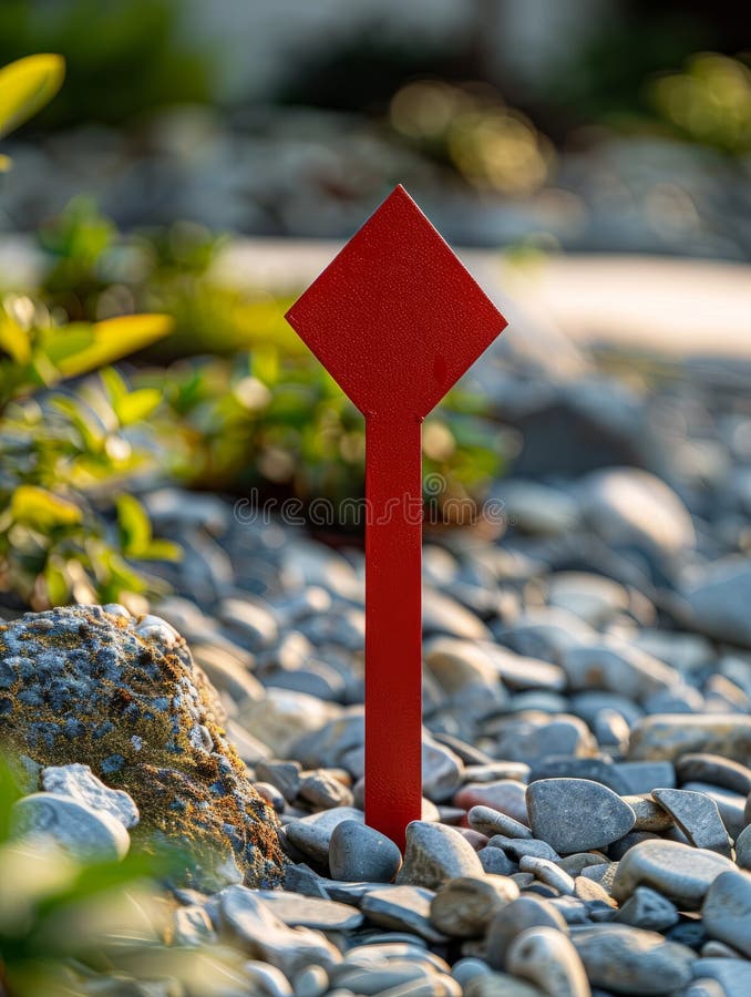 Red Diamond-shaped Sign among Rocks and Plants in a Garden. Stock Photo ...