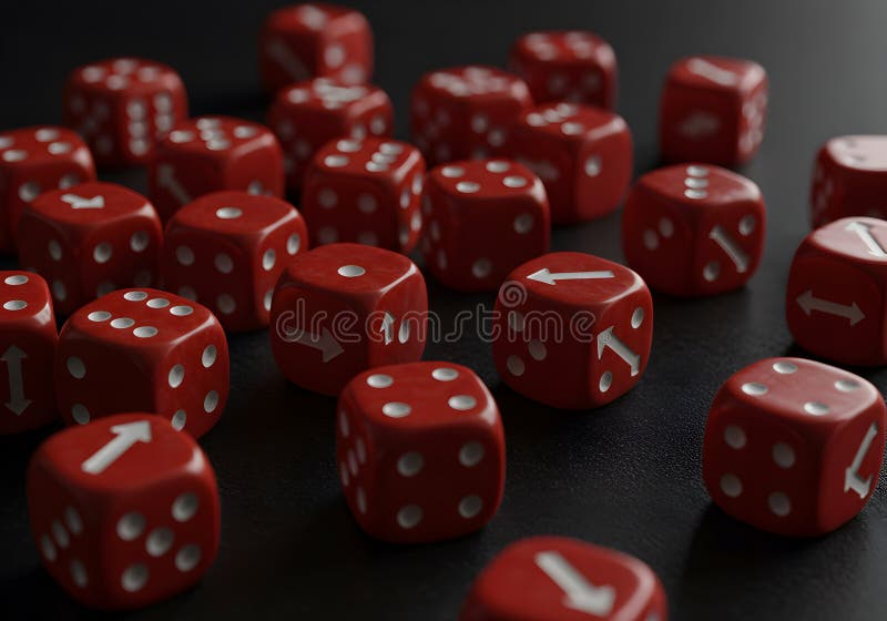 Red Dice with Arrows and Dots Scattered on a Black Surface Game of ...